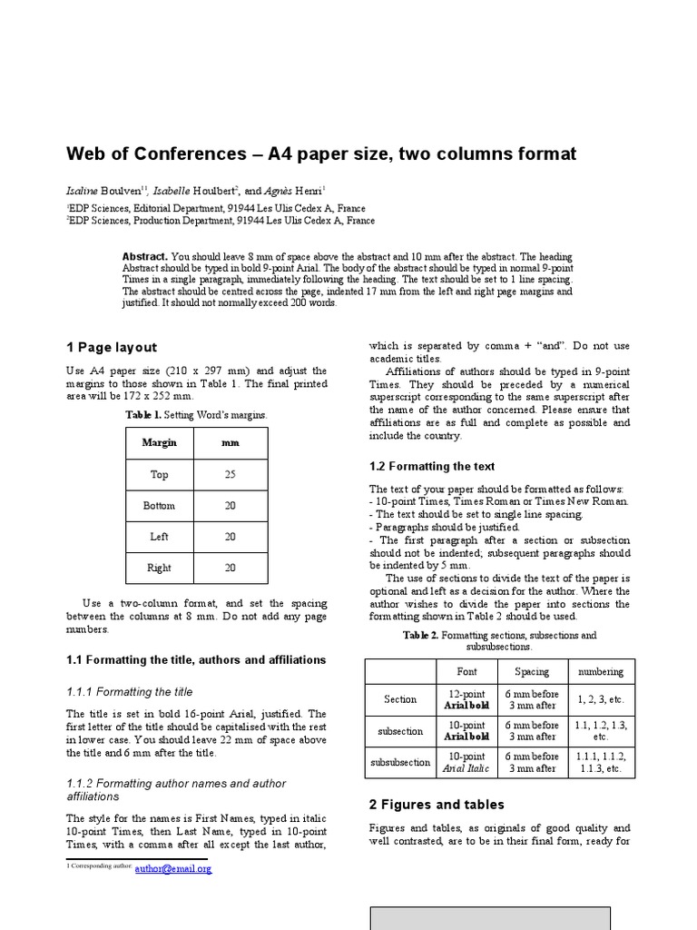 Web of Conferences - A4 Paper Size, Two Columns Format: 1 Page Layout ...