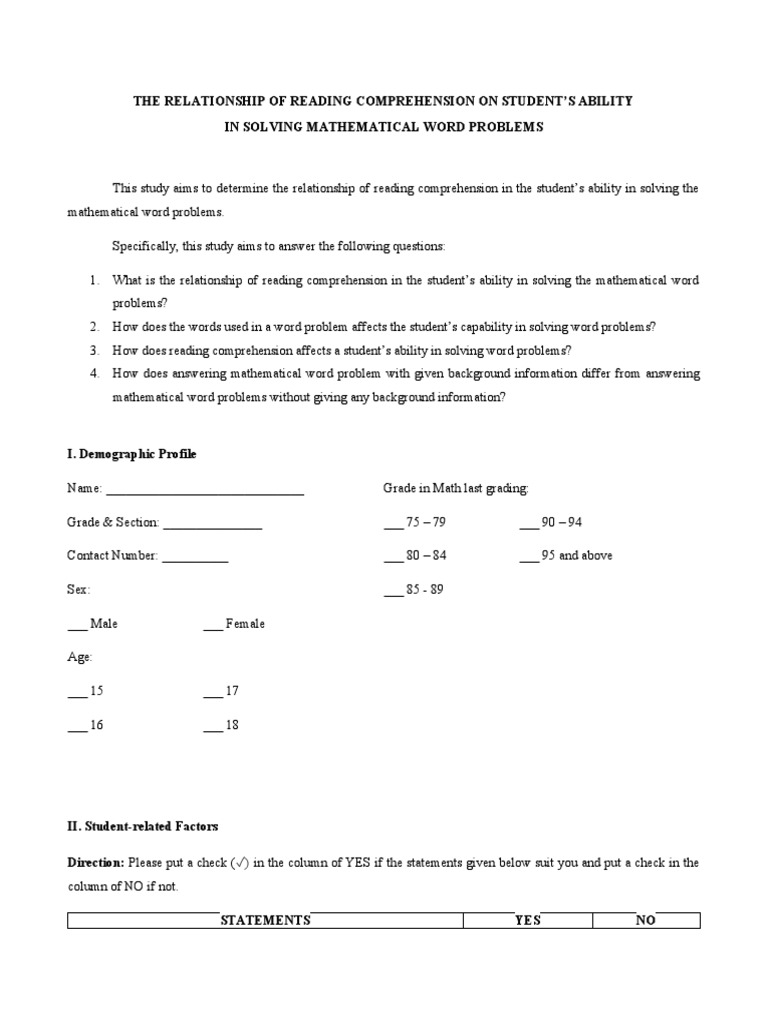 Questionnaire Survey | PDF | Reading Comprehension | Equations