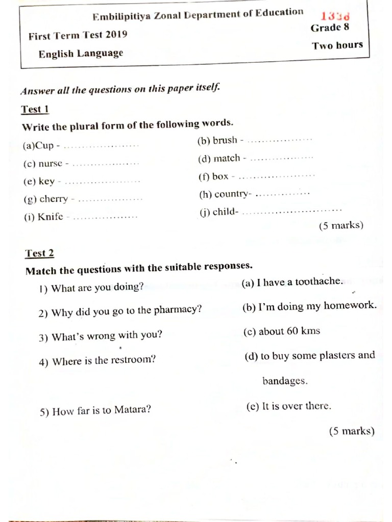 English Grade 8 - First Term Test Paper 2019 - Ambilipitiya Zone-1 | PDF