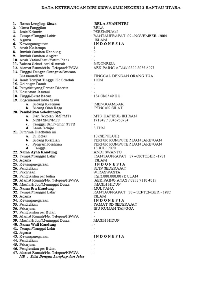 Data Diri Siswa SMK Negeri 2 Rantau | PDF