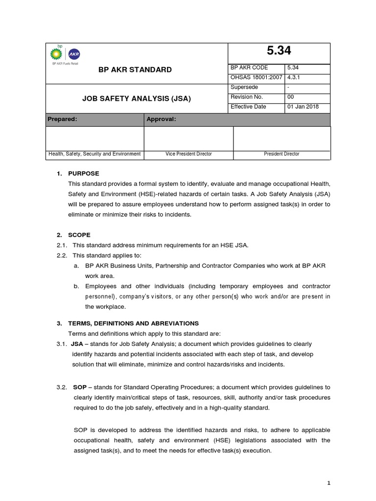 Standard JSA (Job Safety Analysis) | PDF | Occupational Safety And ...