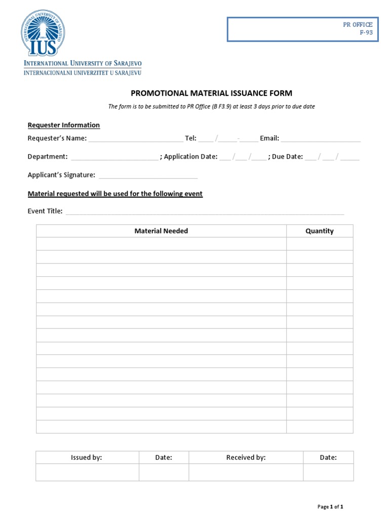 Promotional Material Issuance Form: Requester Information | PDF