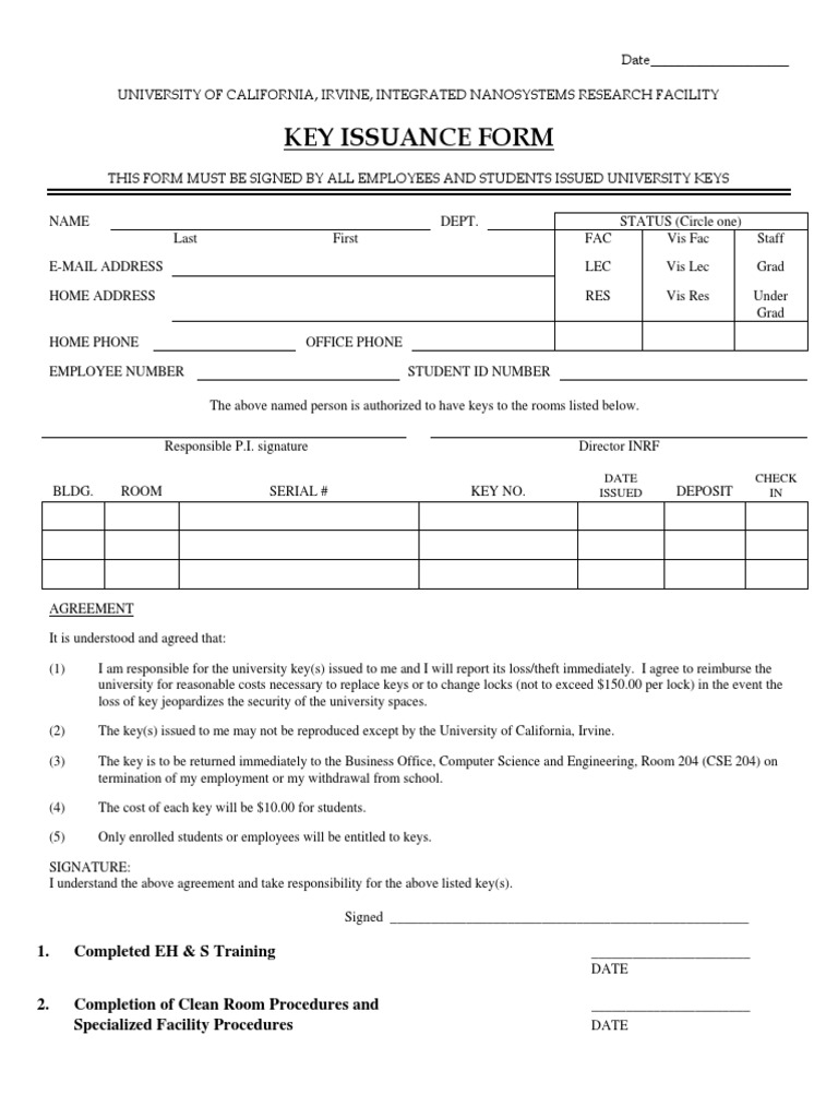 Key Issuance Form: 1. Completed EH & S Training | PDF