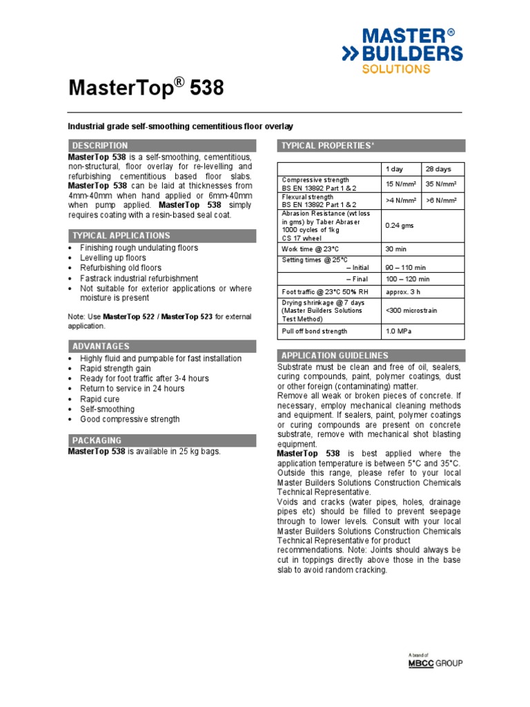 Mastertop 538: Industrial Grade Self-Smoothing Cementitious Floor ...