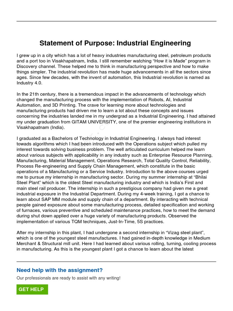 Statement of Purpose: Industrial Engineering | PDF | Industrial ...