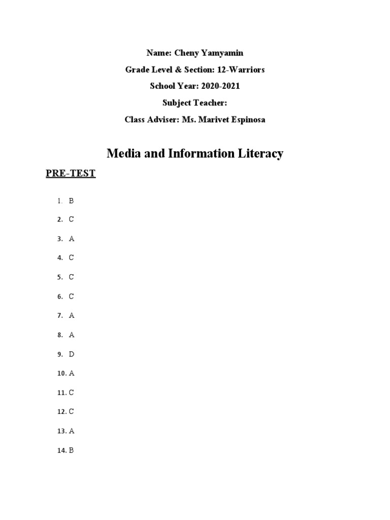 Grade 12 Media Literacy Pre-Test Answers | PDF | Media (Communication ...