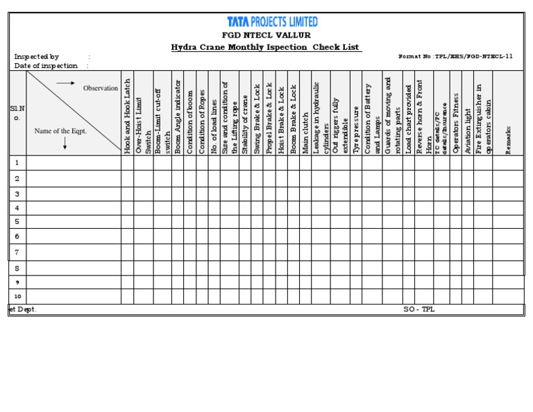 11 Crane Hydra Monthly Check List | PDF | Crane (Machine) | Transport