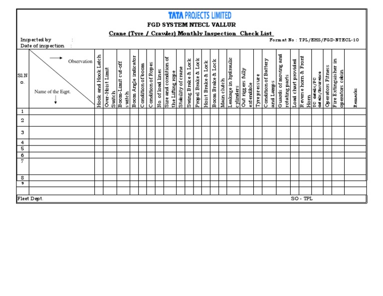 Crane Tyre Inspection Checklist | PDF | Crane (Machine) | Transport