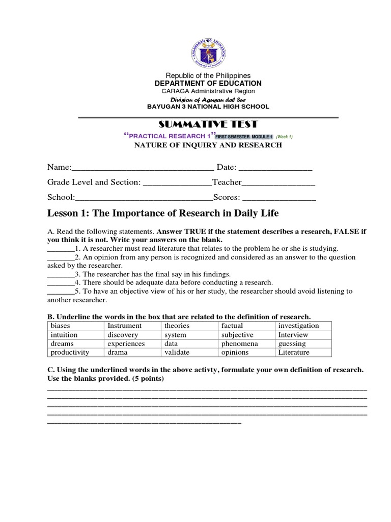 Practical Research 1 Summative Test | PDF | Quantitative Research ...