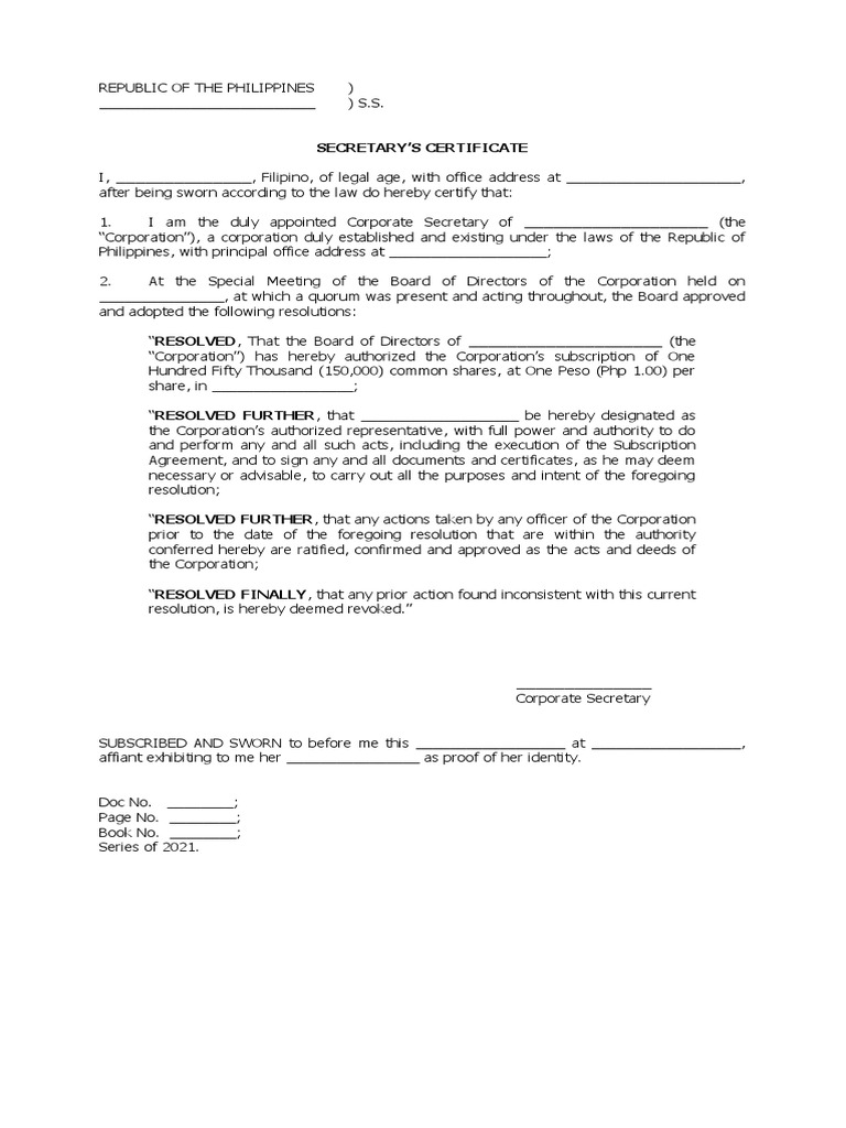 Secretary's Certificate - Subscription To Shares | PDF | Law