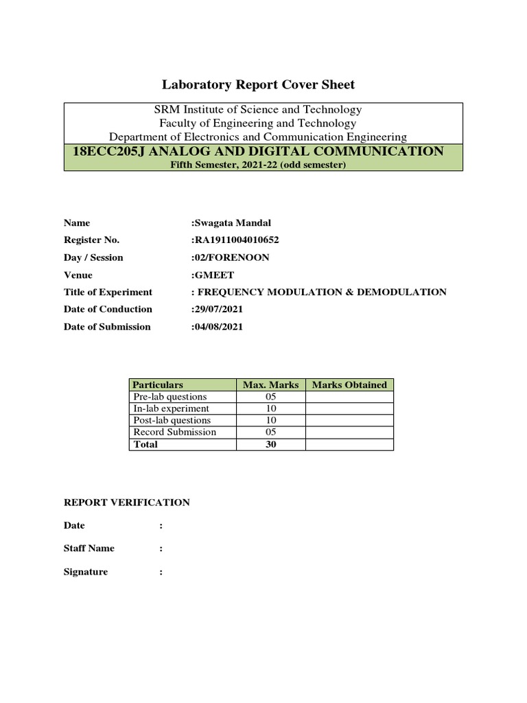 Laboratory Report Cover Sheet | PDF | Frequency Modulation | Modulation