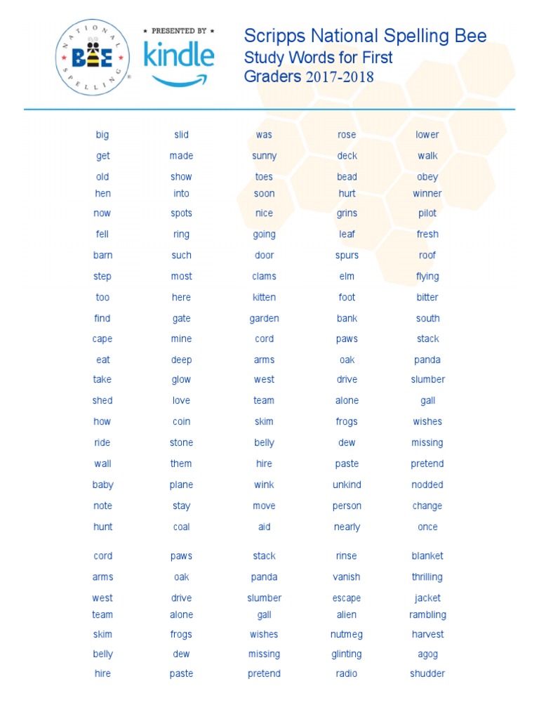 Scripps National Spelling Bee: Study Words For First Graders 2017-2018 ...