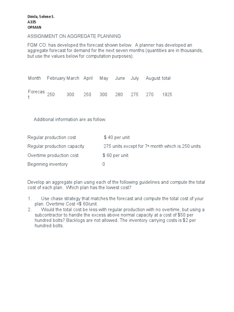 Dimla Selene S Assignment On Aggregate Planning | PDF | Economics | Production And Manufacturing