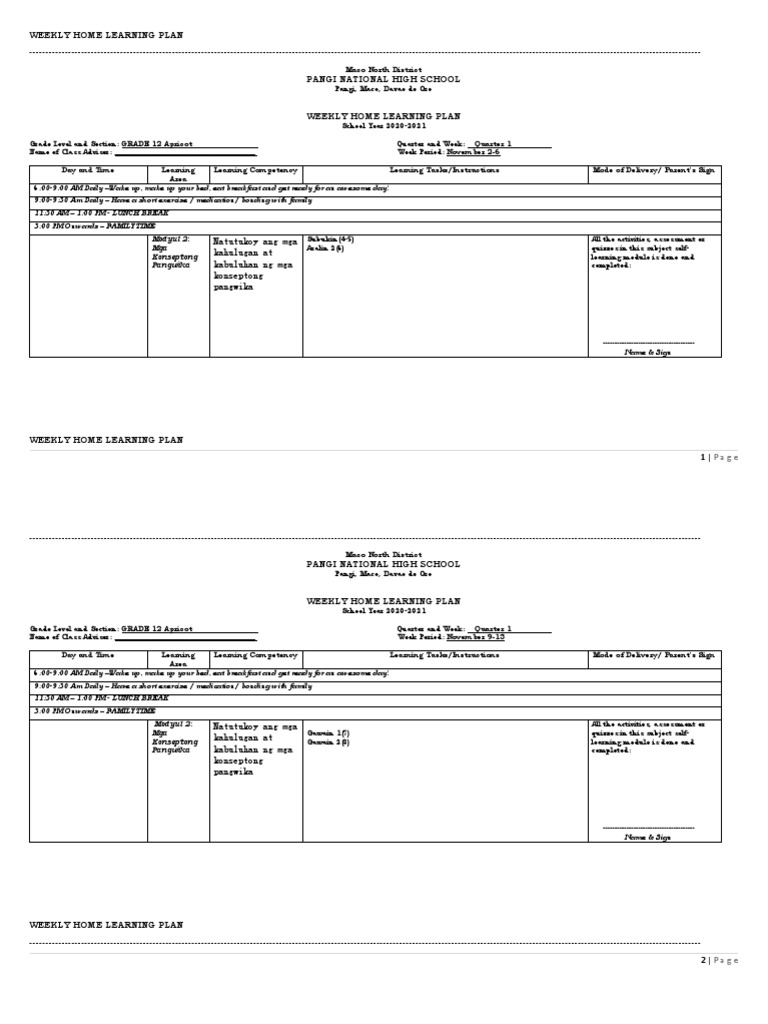 Weekly Home Learning Plan Shs 11 Filipino | PDF | Learning | Applied ... Weekly Home Learning Plan Shs 11 Filipino | PDF | Learning | Applied ...