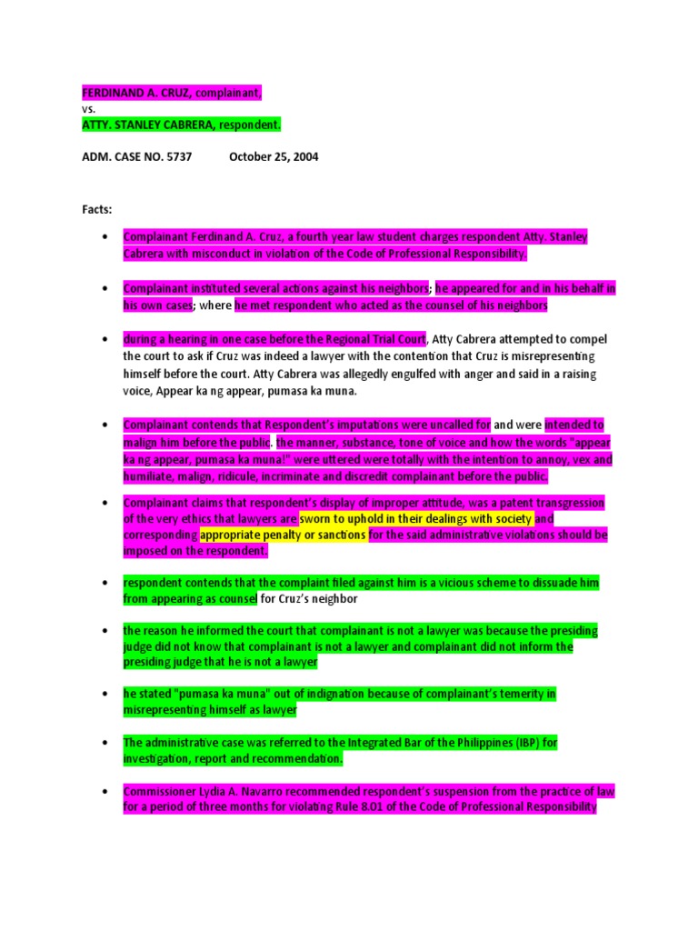 CAse Digest Ferdinand Cruz V Atty. Stanley Cabrera | PDF | Lawyer ...