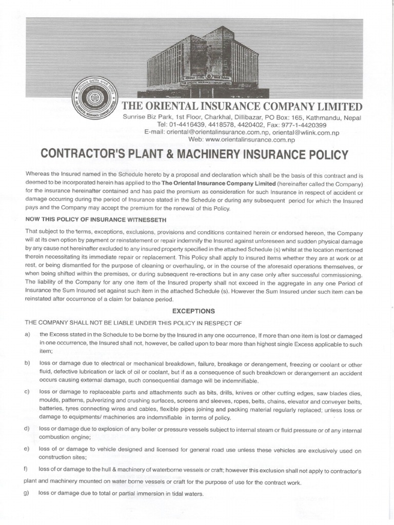Contractor's Plant & Machinery Insurance Policy Bond | PDF