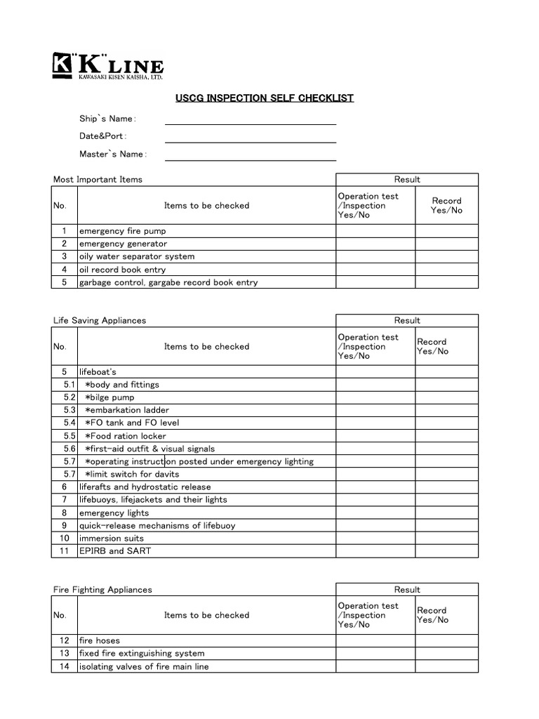 USCG Inspection Self Chercklist | PDF | Equipment | Nature