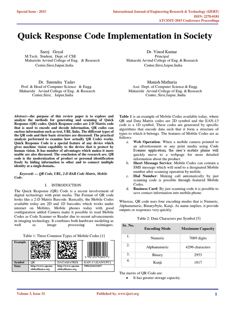 Quick Response Code Implementation in Society IJERTCONV3IS31006 | PDF ...