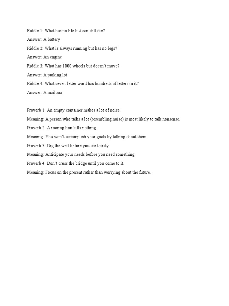 Riddles and Proverbs | PDF | Language Arts & Discipline | Foreign ...