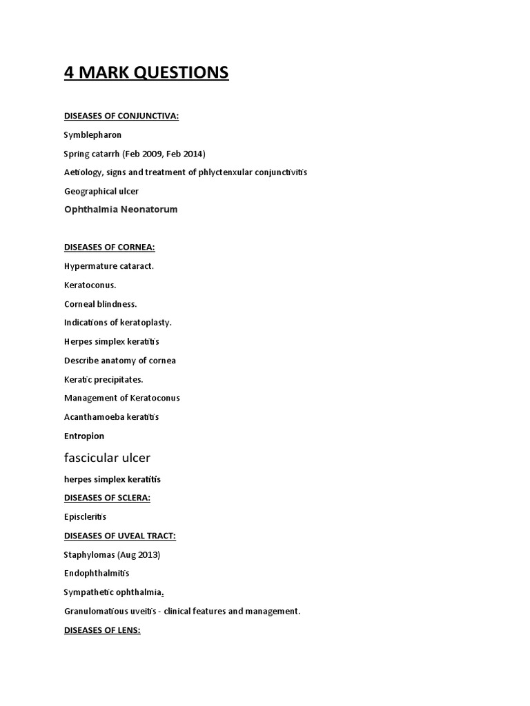 4 Mark Questions: Fascicular Ulcer | Download Free PDF | Human Eye | Cornea