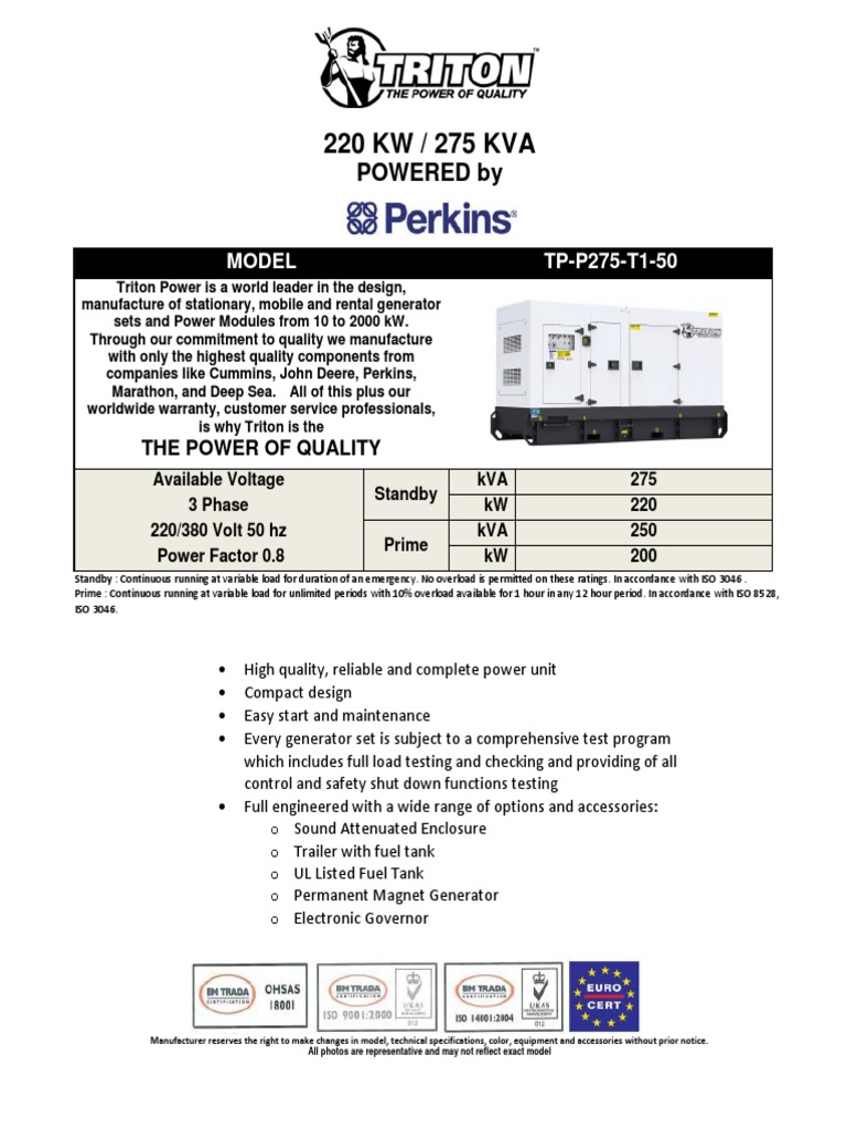 275 KVA Perkins Diesel Generator Set - Non EPA - 50Hz TP-P275-T1-50 ...