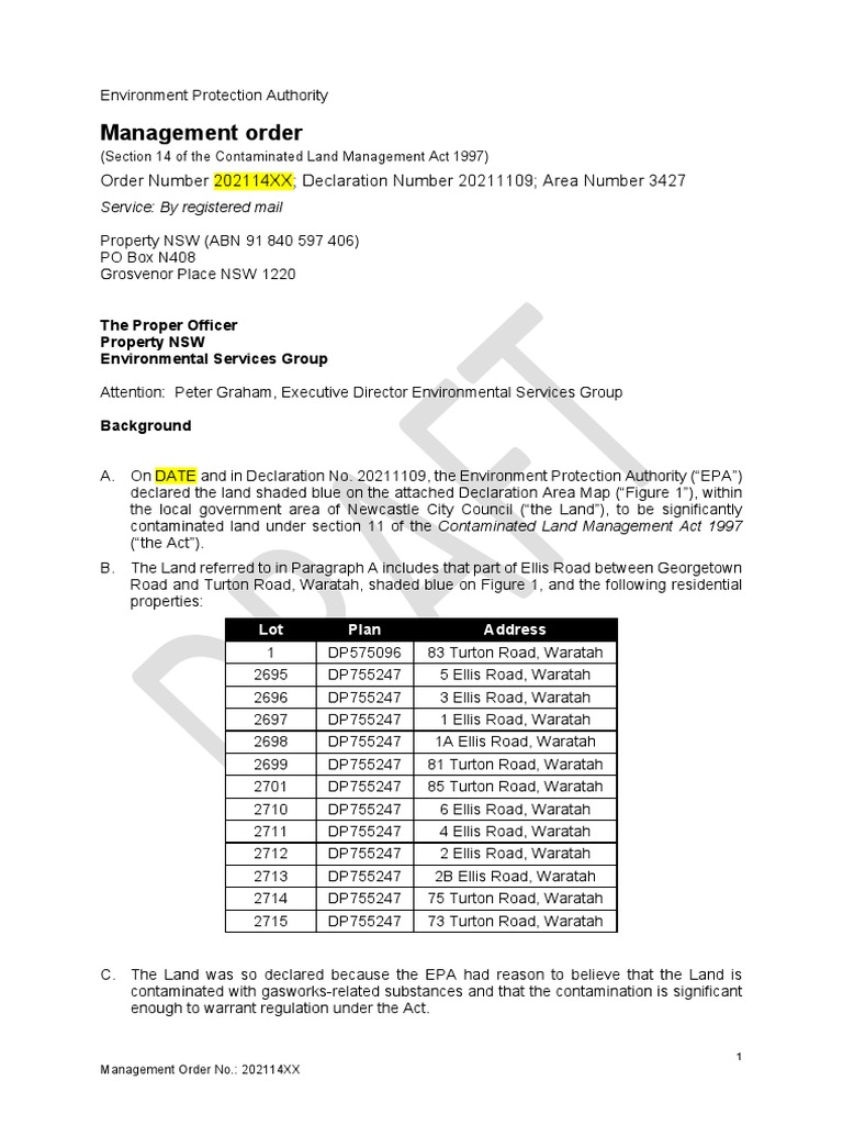 Tab 4 - ROM - Metro North - Former Waratah Gasworks - Draft Management Order | PDF | Water ...
