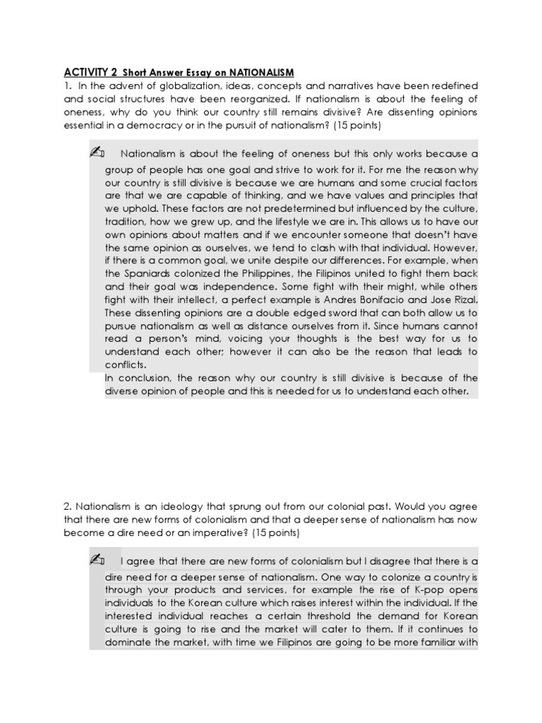 Activity 2: Short Answer Essay On NATIONALISM | Download Free PDF ...