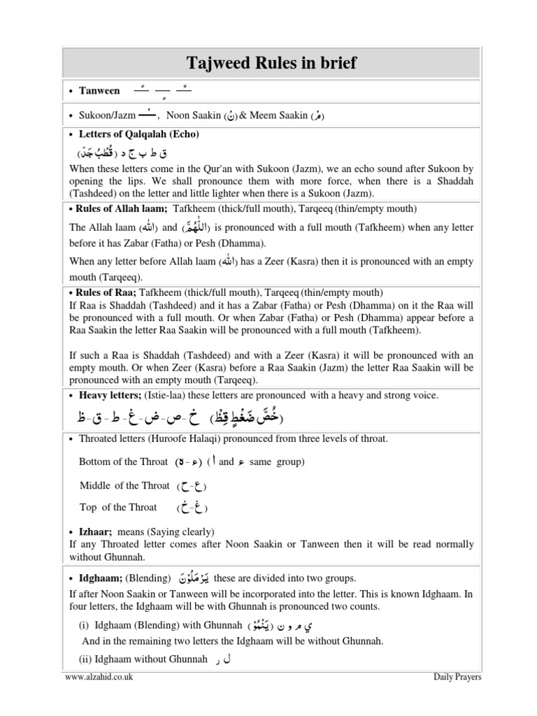 Tajweed Rules in Brief: Tanween | PDF | Writing | Phonology