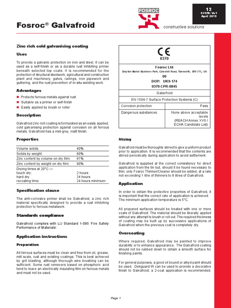 Fosroc Galvafroid: Zinc Rich Cold Galvanising Coating Uses 0370 | PDF ...