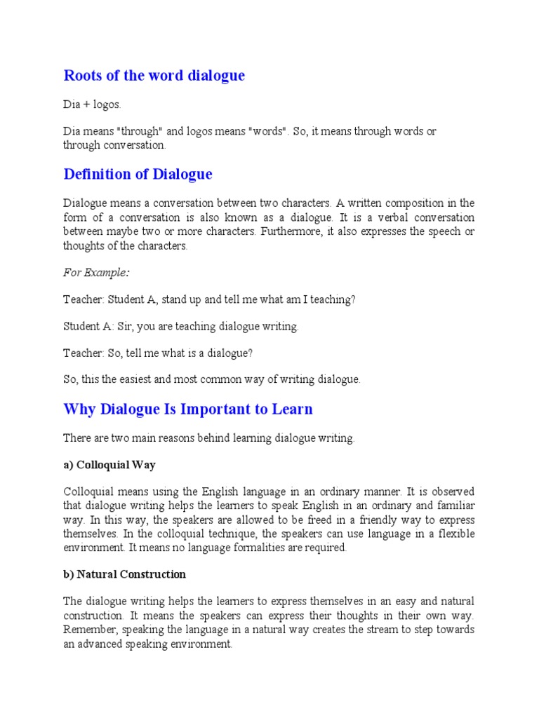 Roots of The Word Dialogue: For Example | PDF | Dialogue | Punctuation