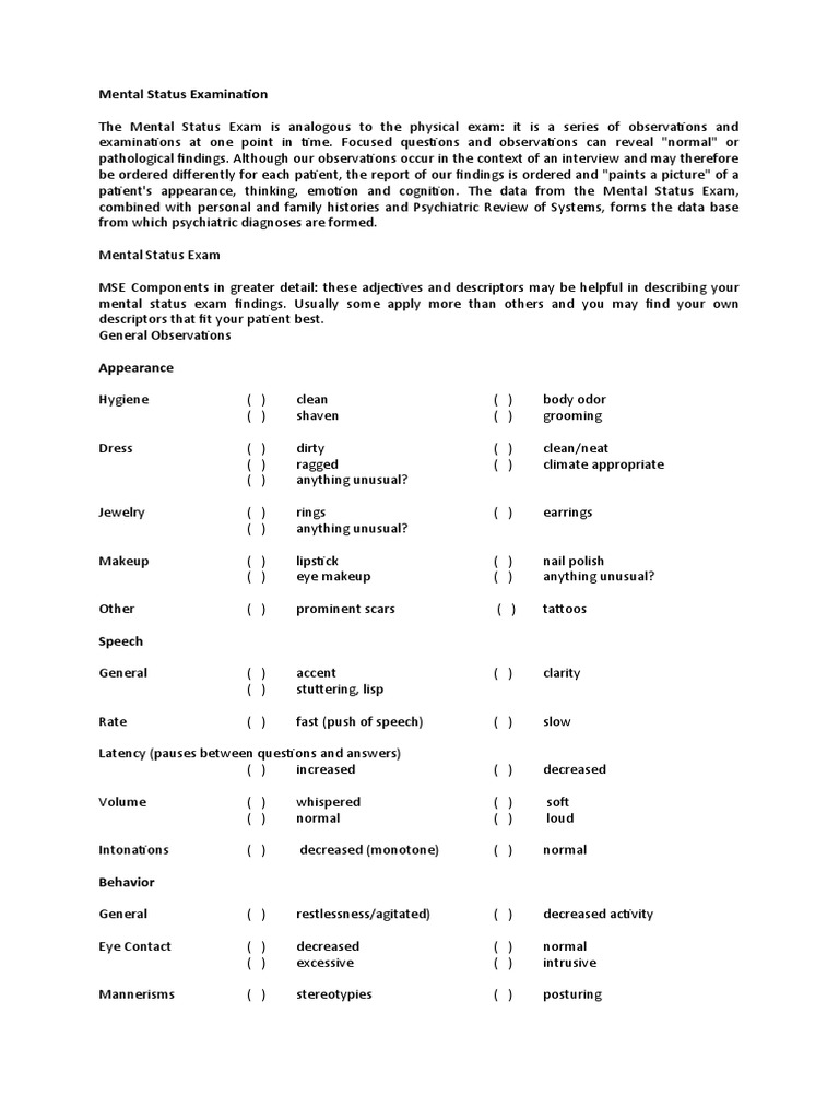 Mental Status Examination - Checklist1 | PDF | Psychiatric Diagnosis ...
