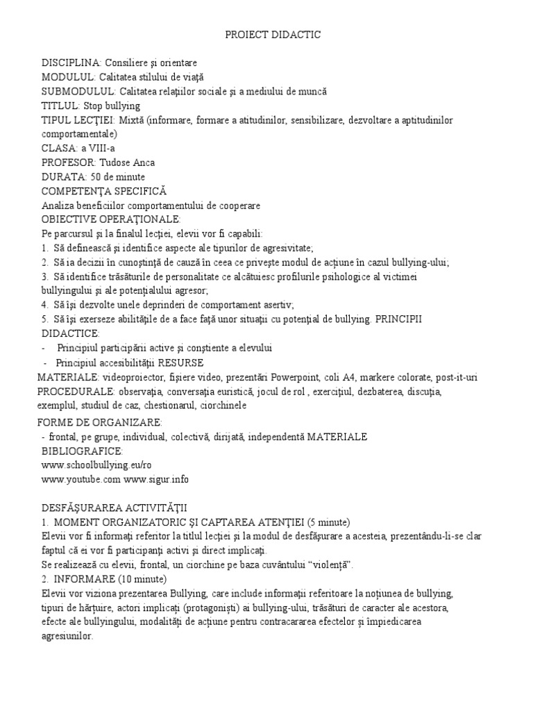 Proiect Lectie Bullying | PDF