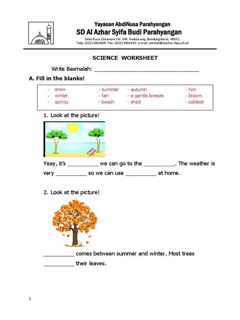 SD Al Azhar Syifa Budi Parahyangan: Science Worksheet | PDF
