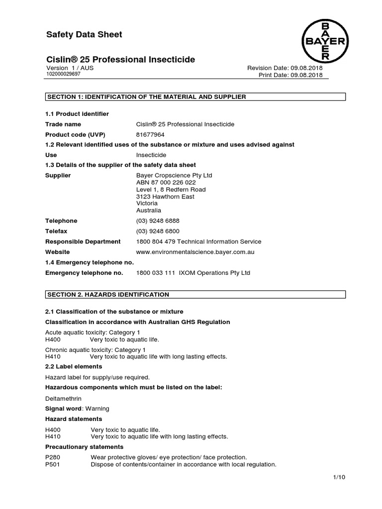 Cislin 25 Professional Insecticide SDS GHS 0818 | PDF | Dangerous Goods ...