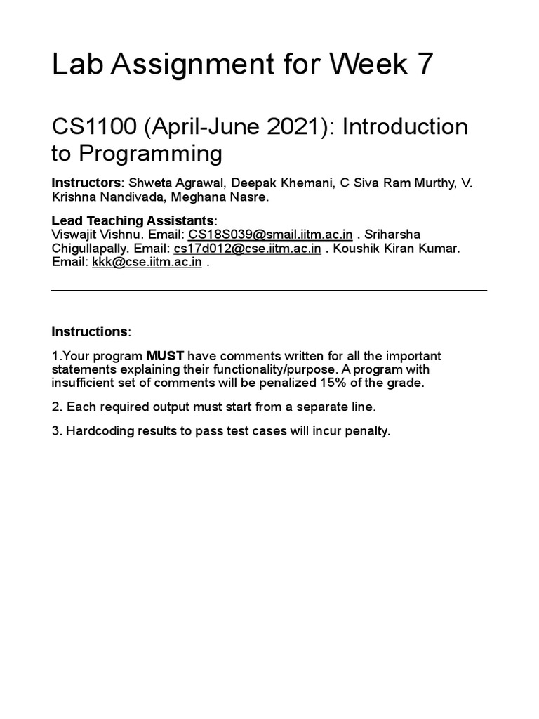 Lab Assignment For Week 7 Cs1100 April June 2021 Introduction To Programming Pdf