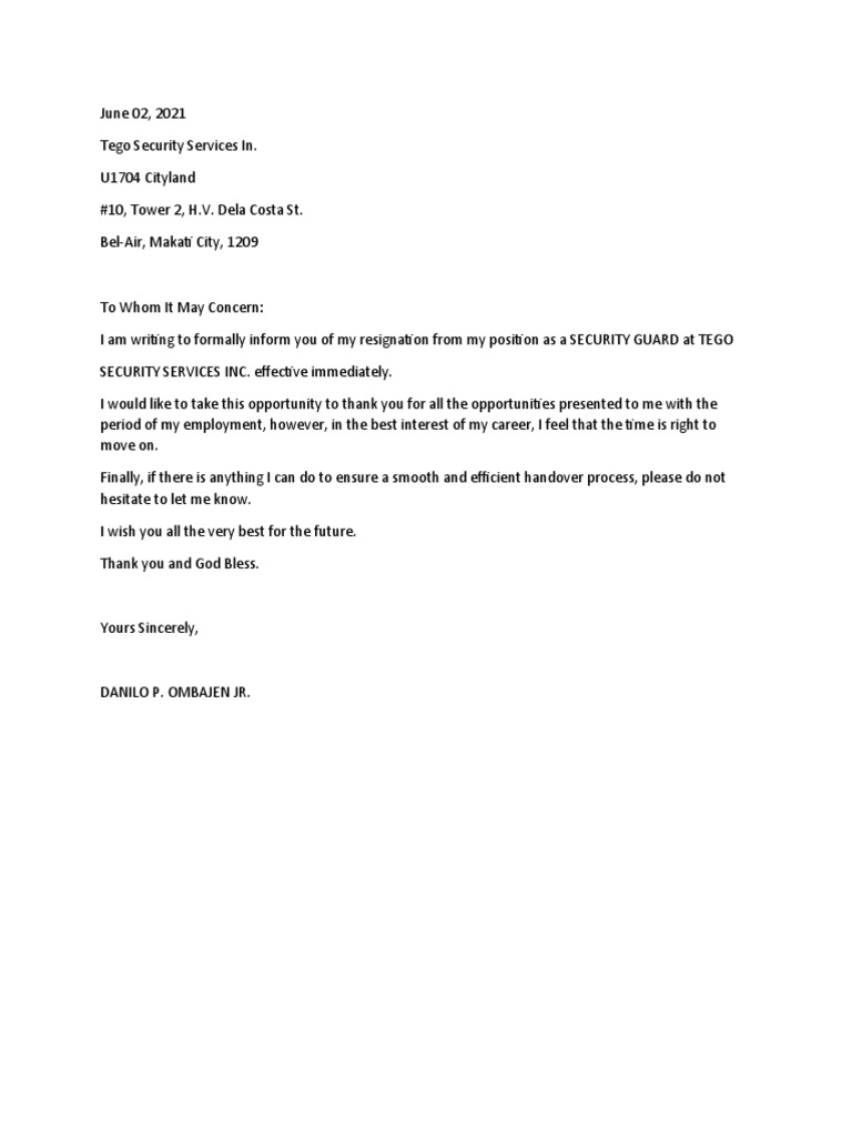 Security Guard Resignation Letter | PDF