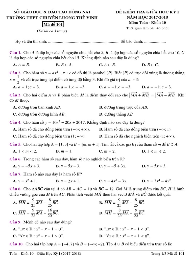 De Kiem Tra Giua Hki Nam Hoc 2017 2018 Mon Toan 10 Truong THPT Chuyen Luong The Vinh Dong Nai | PDF