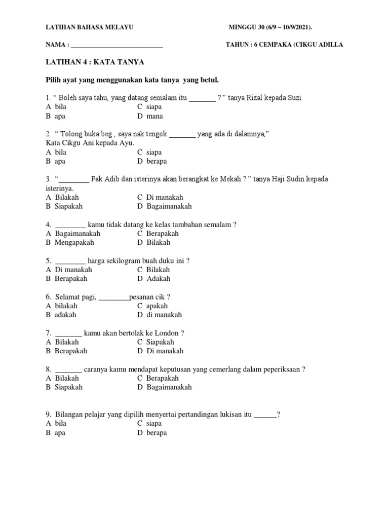 Latihan 4: Kata Tanya Pilih Ayat Yang Menggunakan Kata Tanya Yang Betul | PDF