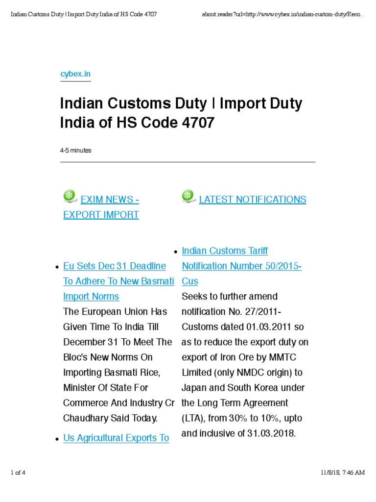 Indian Customs Duty - Import Duty India of HS Code 4707 | PDF | Tariff ...