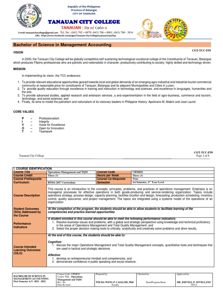 BSMA Operations & TQM Course | PDF | Operations Management | Cognition
