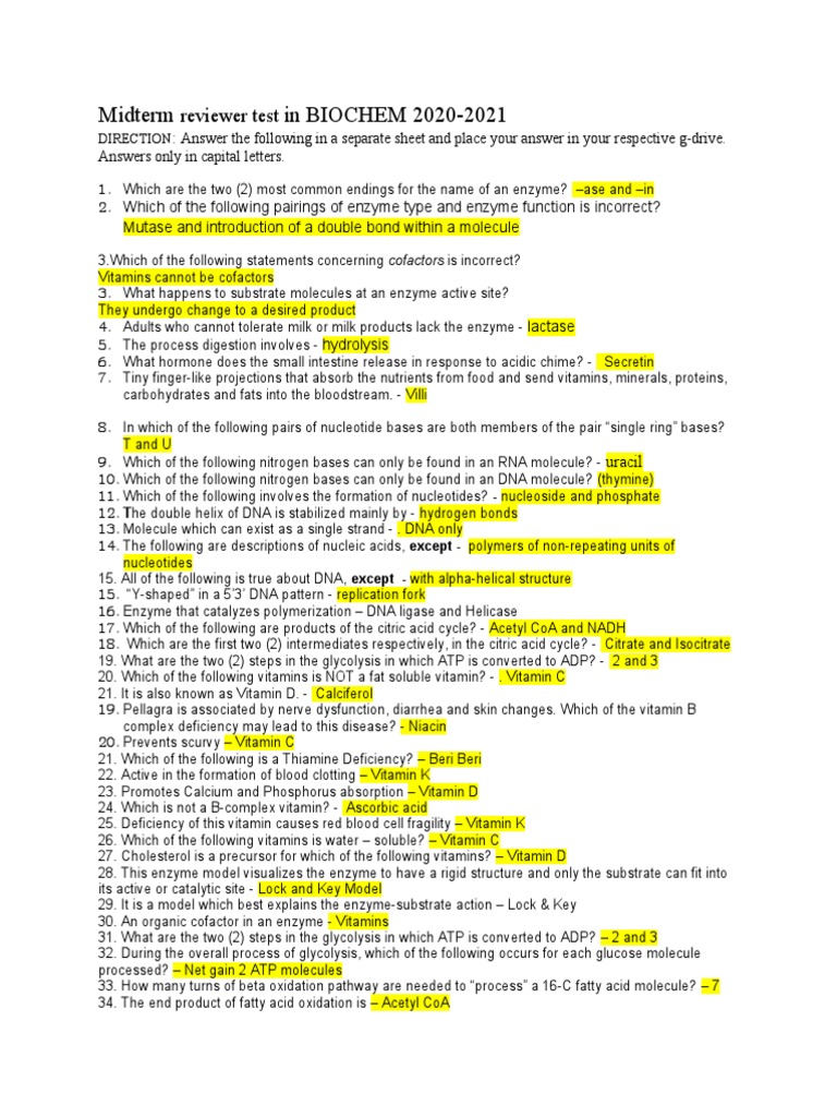Midterm in BIOCHEM 2020-2021: Reviewer Test | PDF | Enzyme | Dna