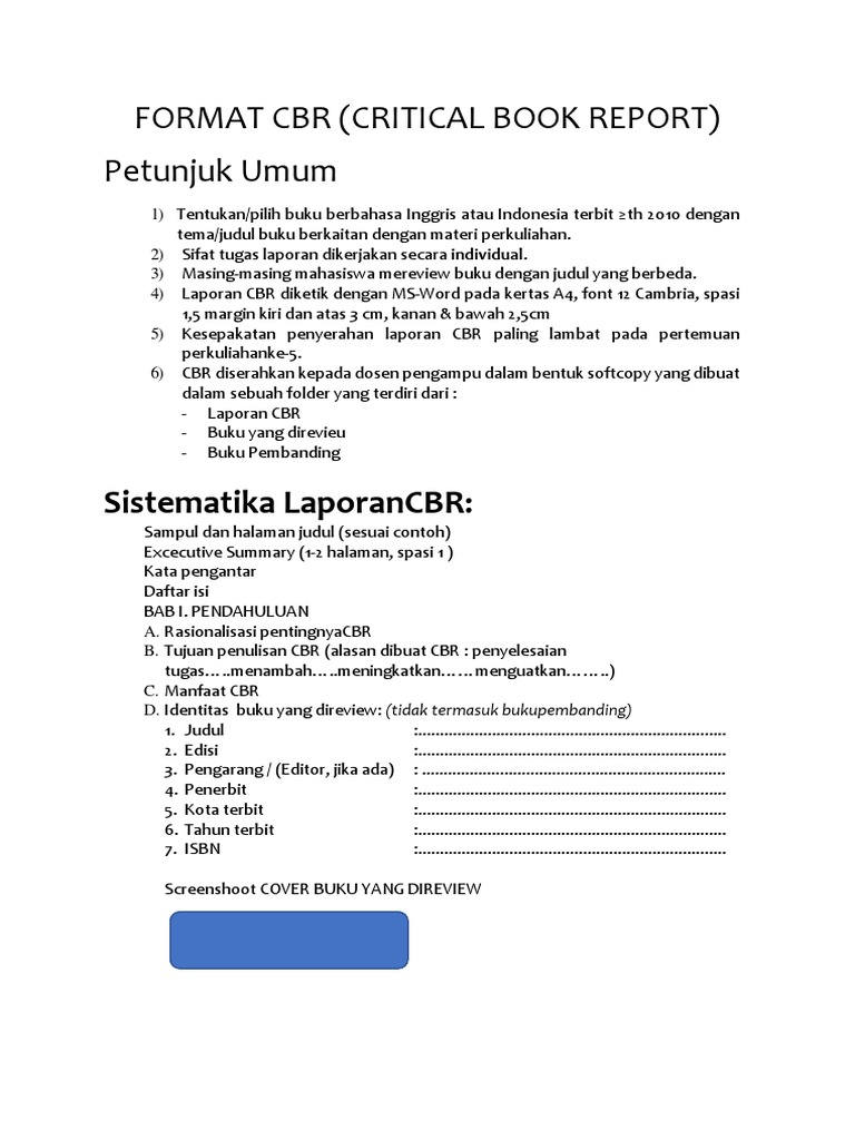 Format CBR (Critical Book Report) Petunjuk Umum: Sistematika Laporancbr | PDF