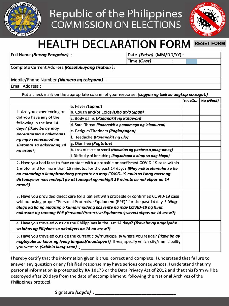 Health Declaration Form: (Buong Pangalan) (Petsa) (Oras) (Kasa/ukuyang ...