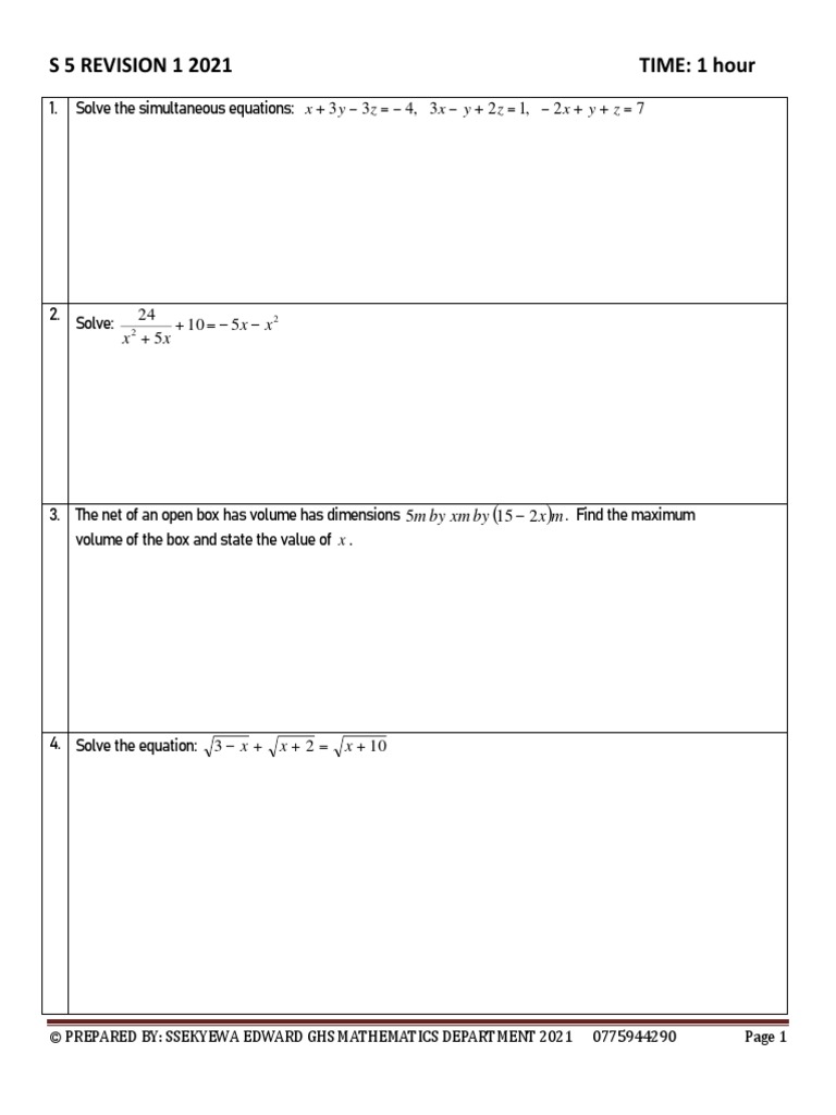 Senior - 5 - Senior Five Pure Maths Revision | PDF | Equations ...