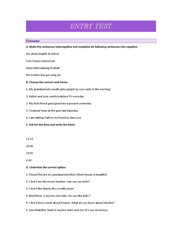 Entry Test: Grammar | PDF