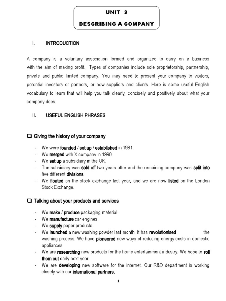 Unit 3 - Describing A Company | PDF | Word Search | Economics