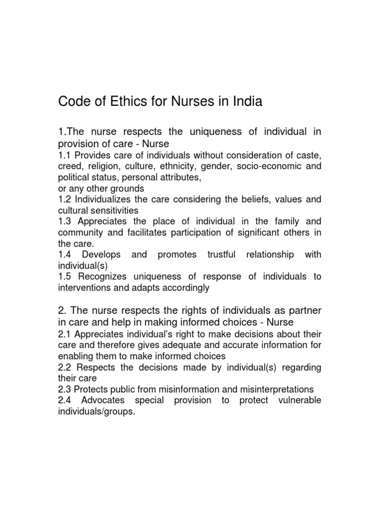 Code of Ethics For Nurses in India: 1.the Nurse Respects The Uniqueness ...