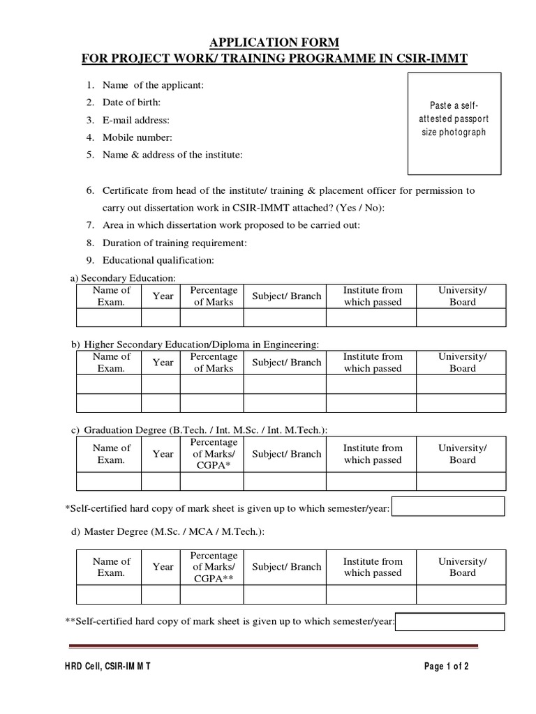 CSIR-IMMT Training Application Form | PDF | Academic Degree | Thesis