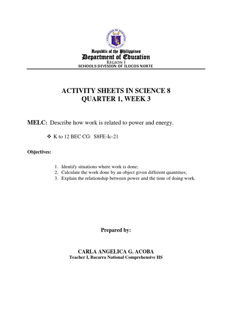 Science 8 Activity Sheets: Work, Power, Energy | PDF | Physics