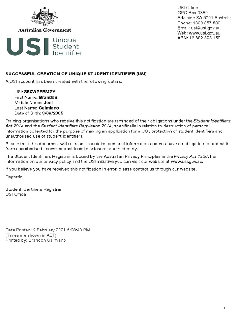 USI Student Portal - Create USI - Success | PDF